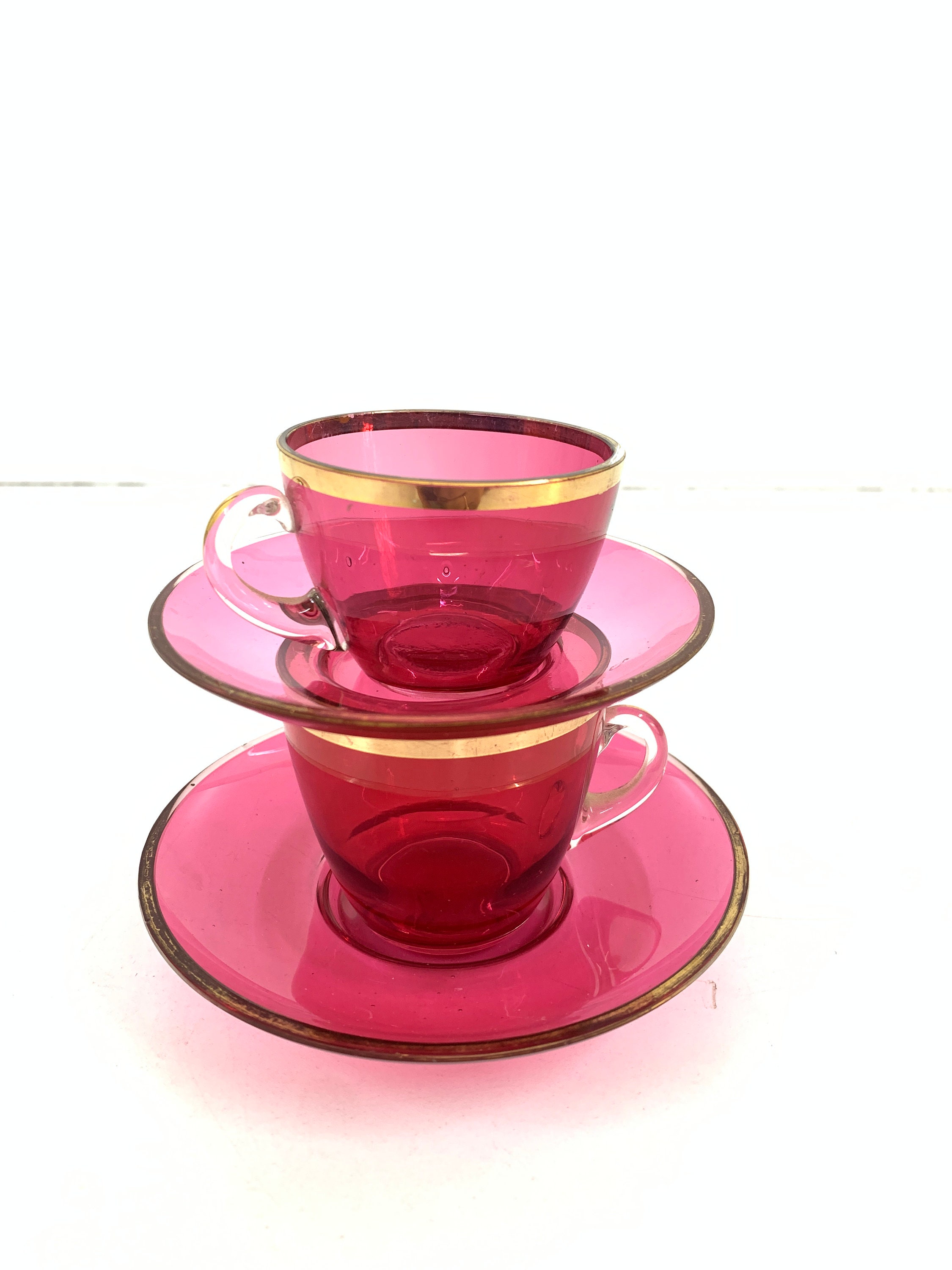 Vintage Pink Glass Tea Cup and Saucer With Gold Work - Etsy