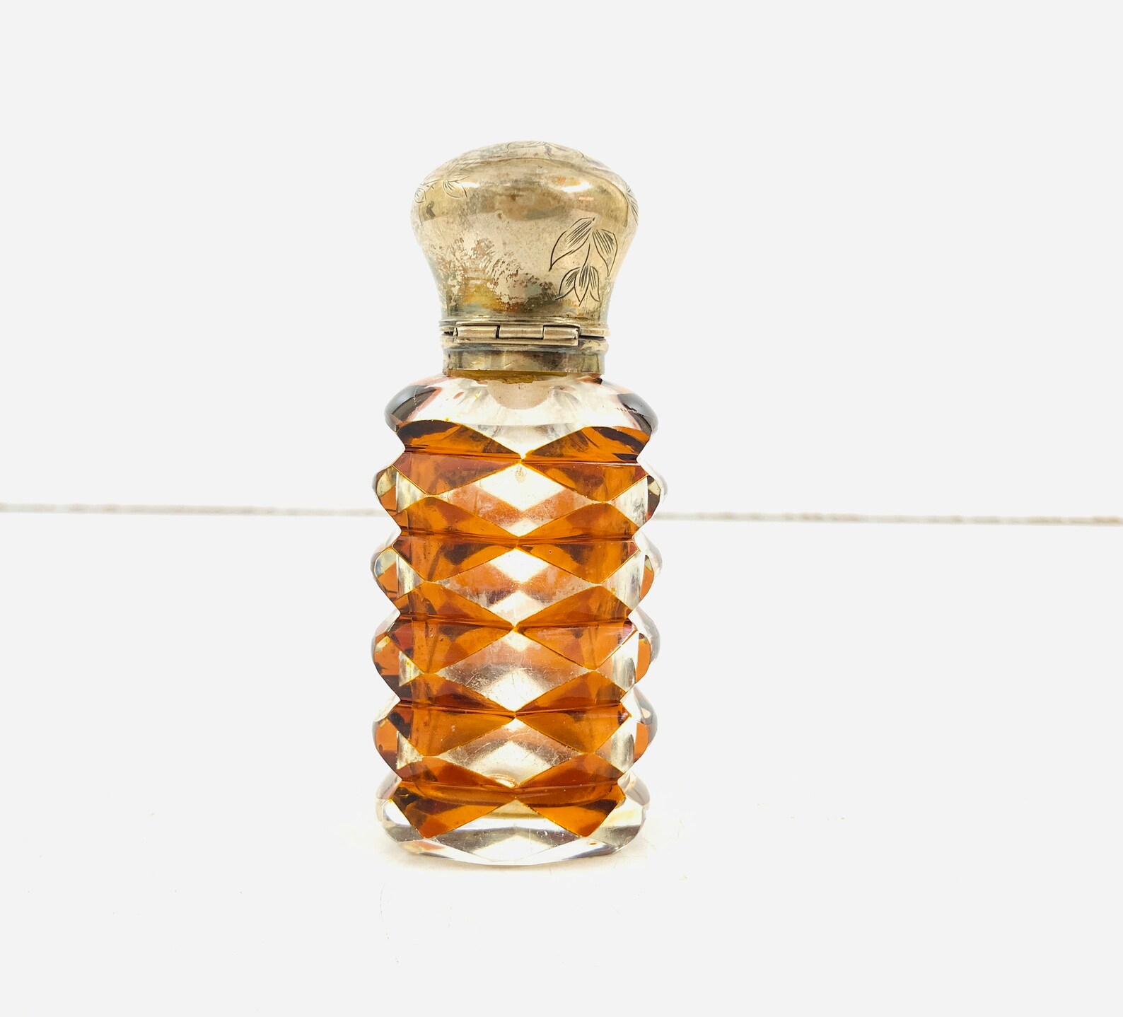 Antique Amber Overlay Cut Glass Perfume Scent Bottle Sterling Silver ...