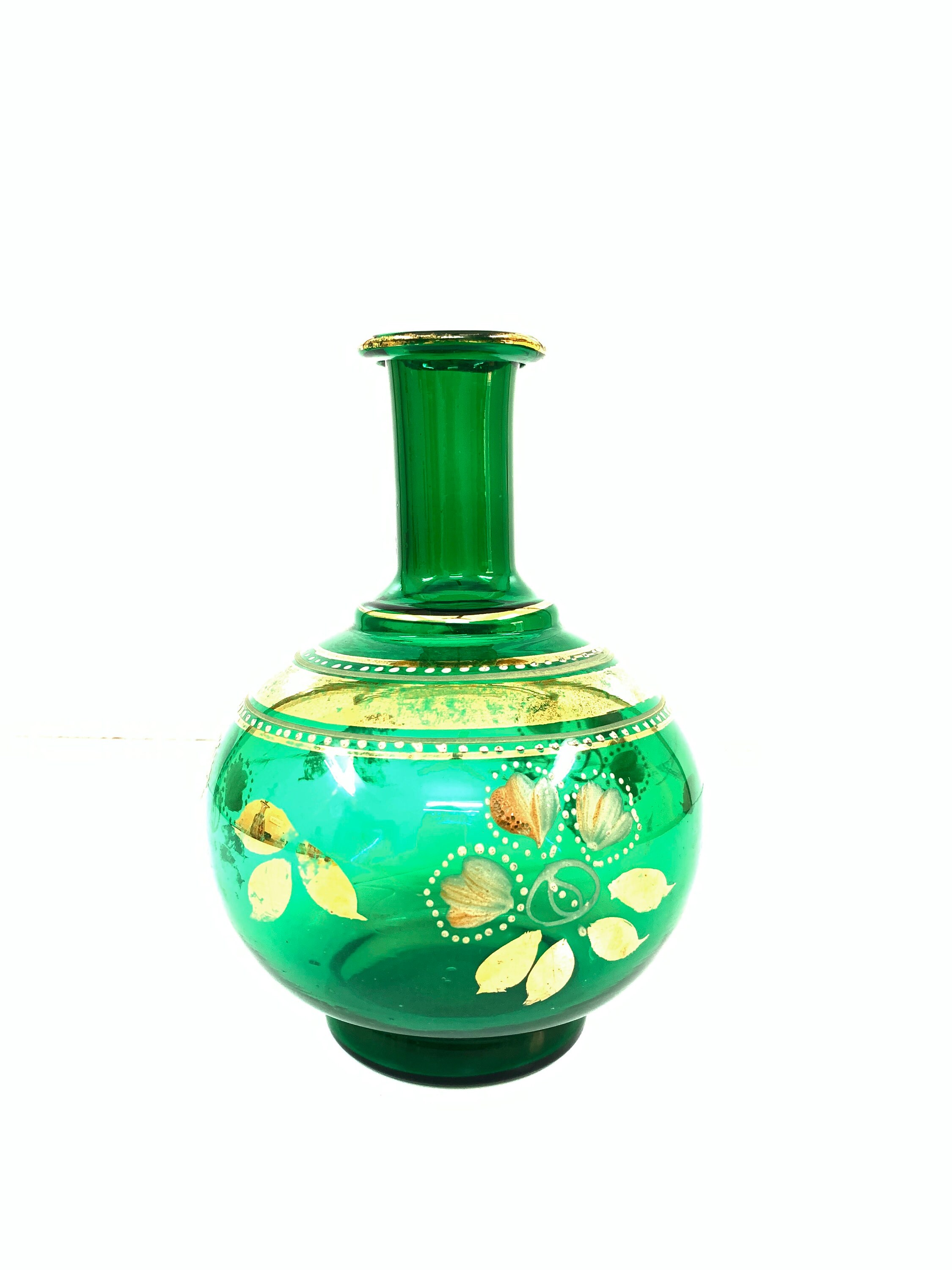 Vintage Green Glass Pot With Floral Design and Gold Work| Vintage Green ...