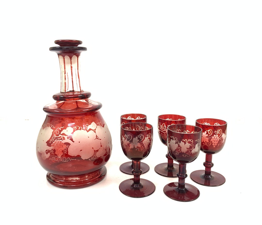 Vintage Egermann Bohemian Cut to Clear Ruby Red Decanter With Glasses ...