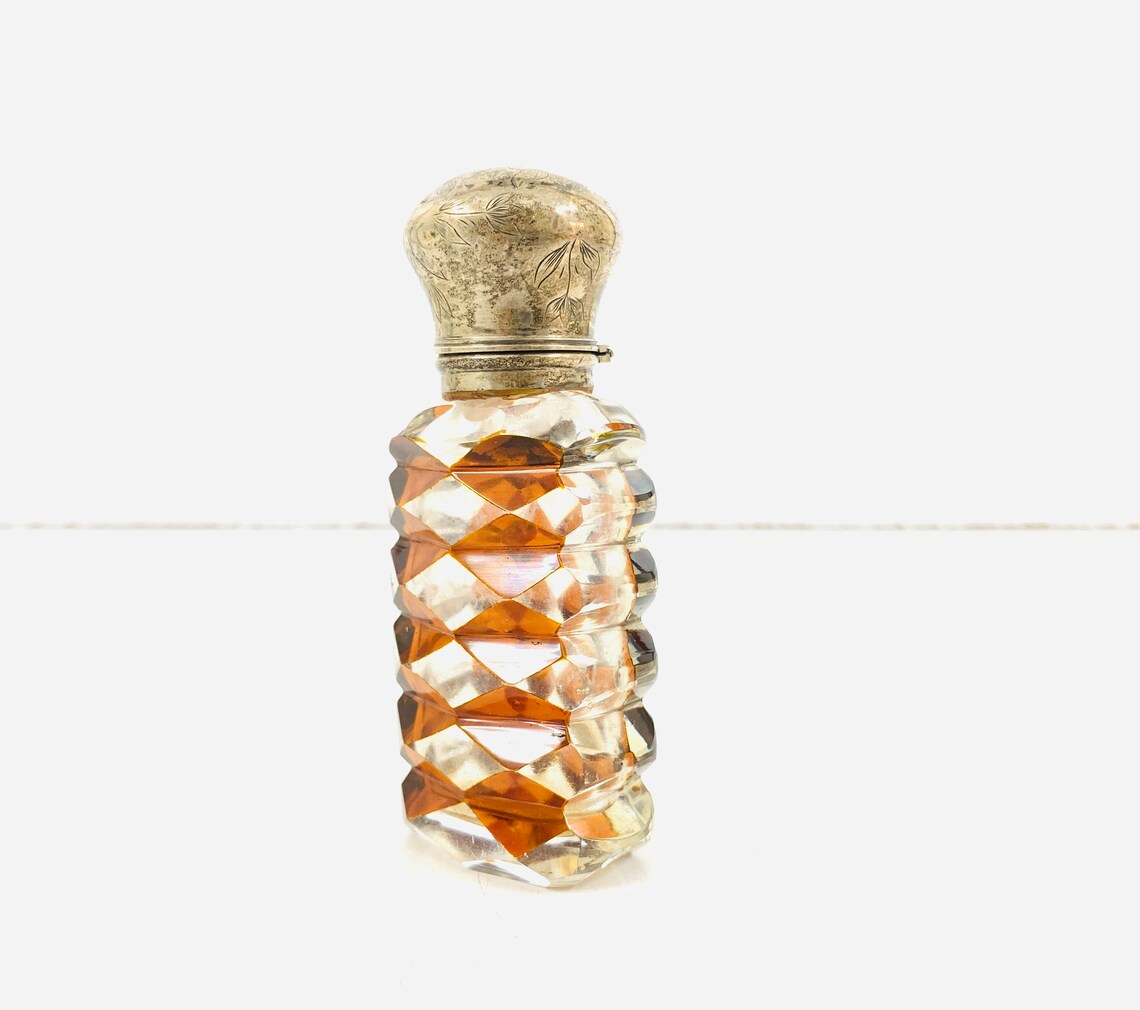 Antique Amber Overlay Cut Glass Perfume Scent Bottle Sterling Silver ...