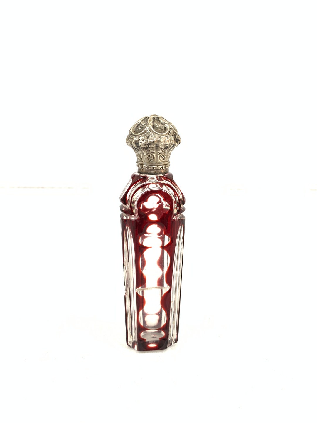 Antique Cranberry Red Overlay Cone Perfume Scent Bottle Silver Lid ...