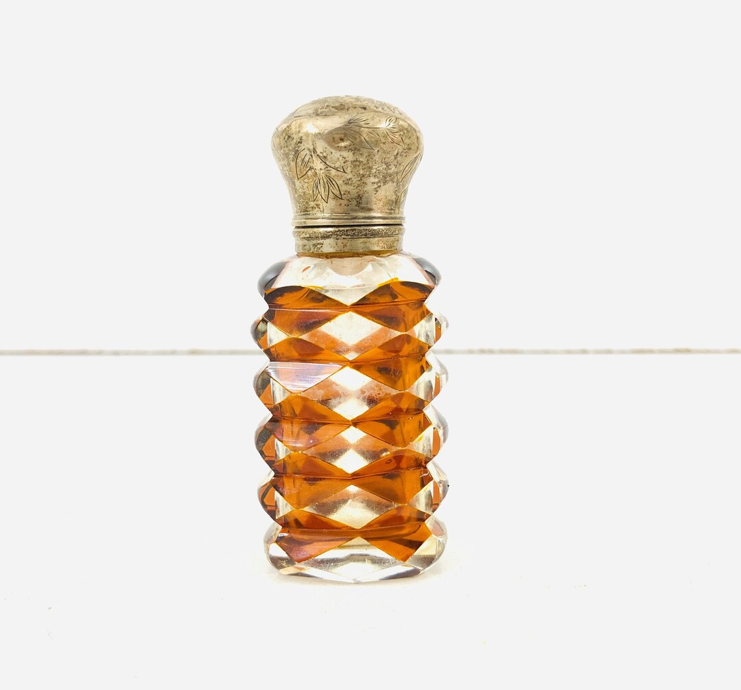 Antique Amber Overlay Cut Glass Perfume Scent Bottle Sterling Silver ...
