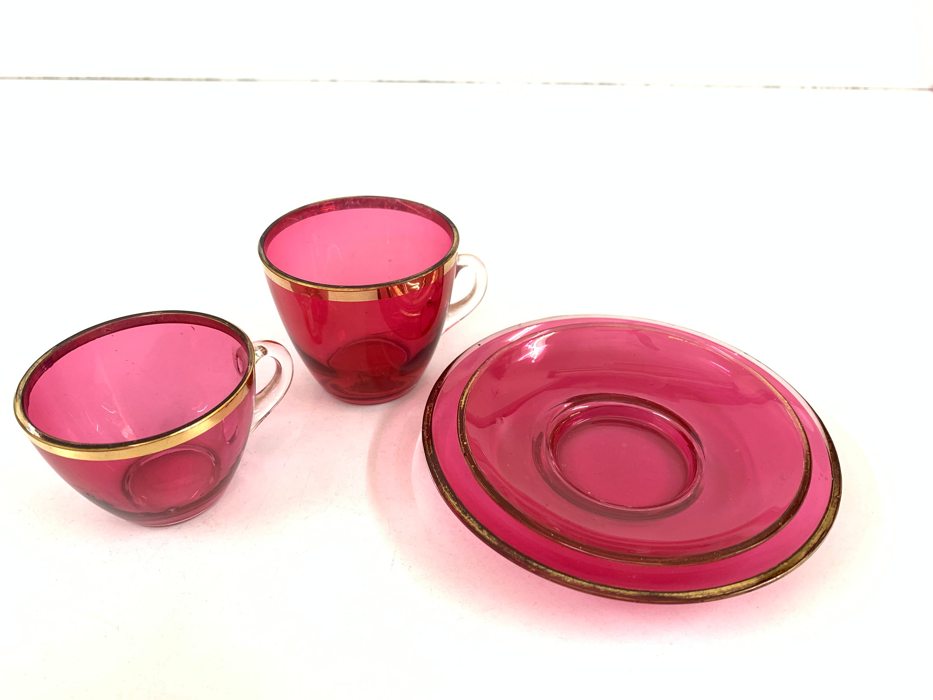 Vintage Pink Glass Tea Cup and Saucer With Gold Work - Etsy