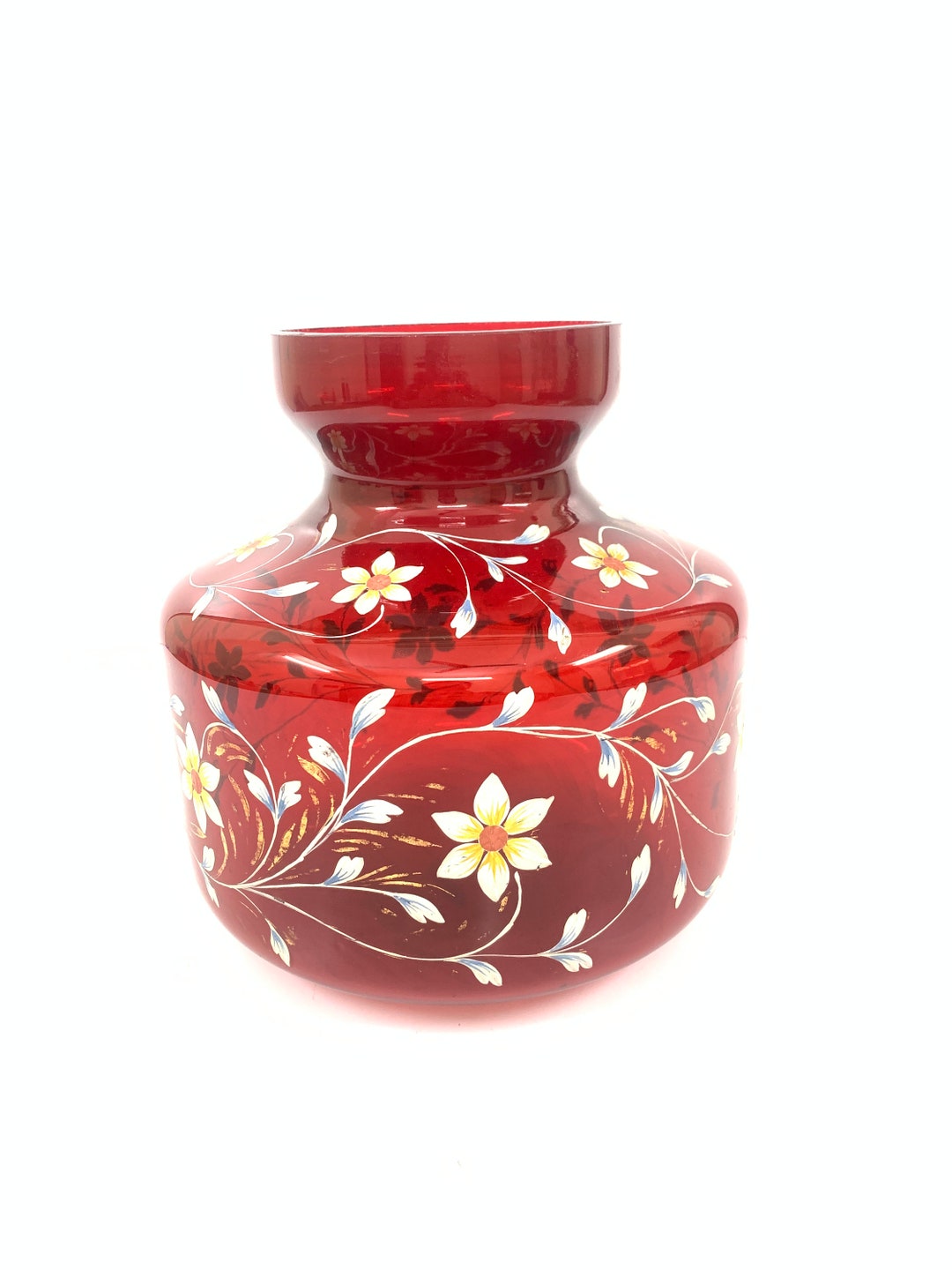 Vintage Red Glass Water Pot With Floral Enamel Design and Gold Work ...