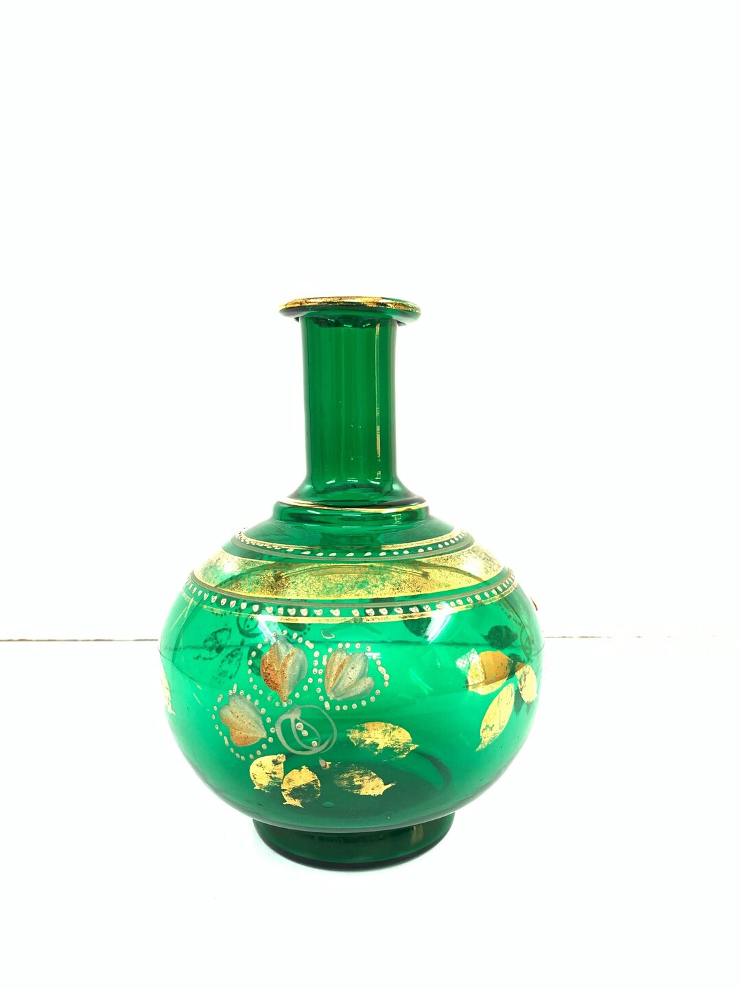 Vintage Green Glass Pot With Floral Design and Gold Work| Vintage Green ...