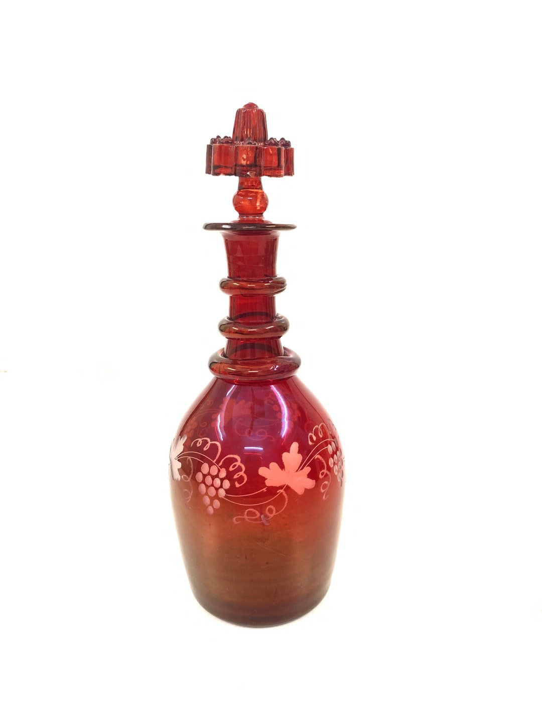 Vintage Bohemian Overlay Glass Ruby Red Perfume Decanter With Etching ...