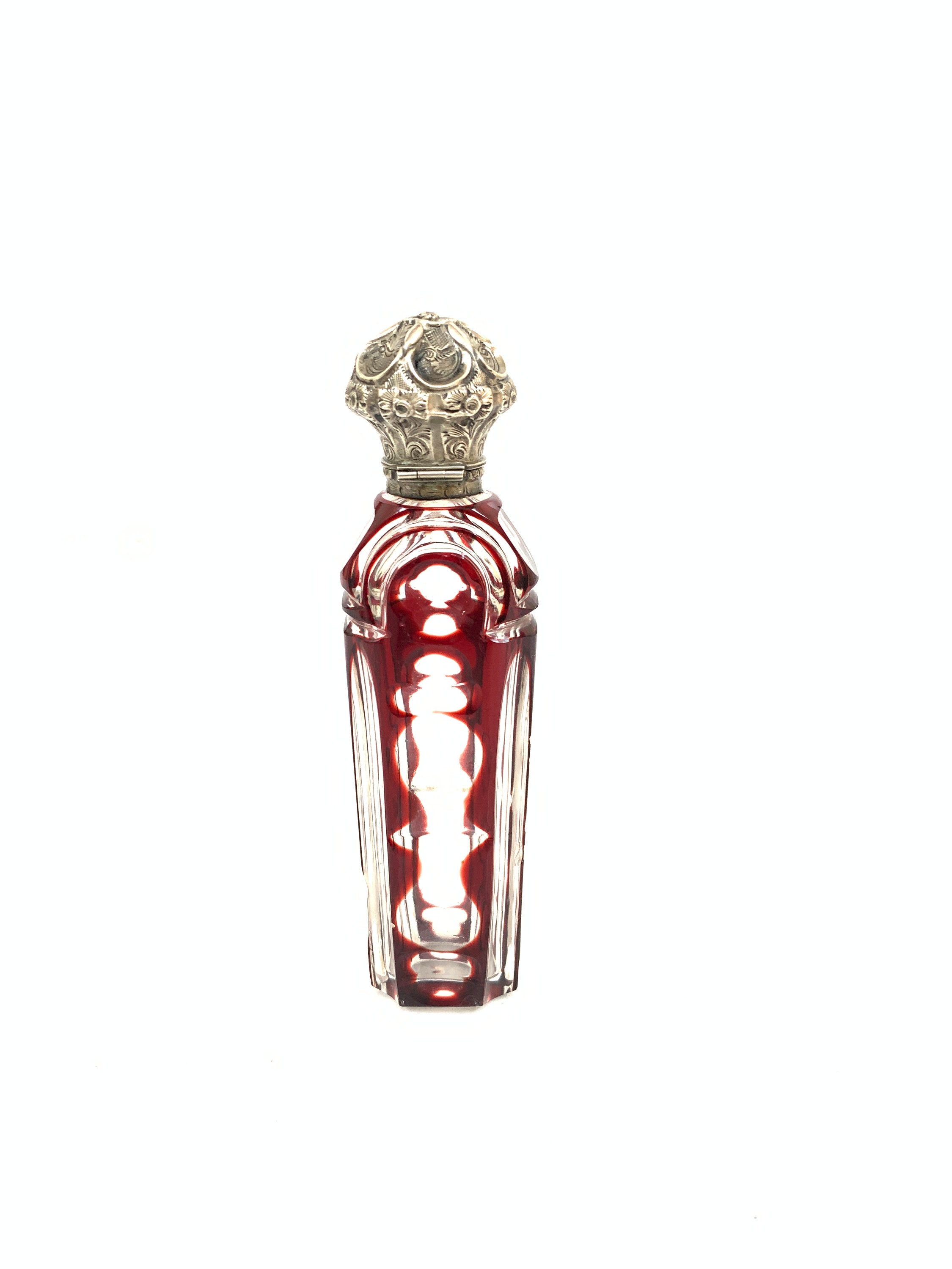 Antique Cranberry Red Overlay Cone Perfume Scent Bottle Silver Lid ...