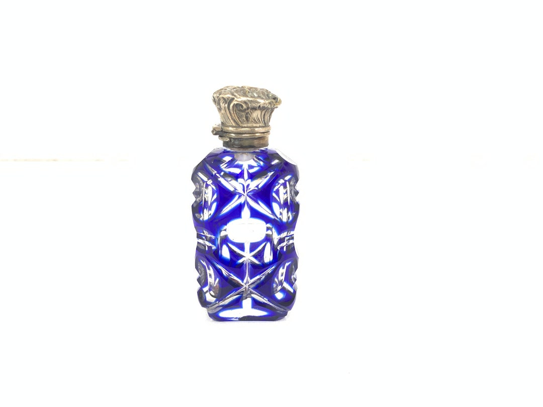 Antique Blue Overlay Cut Glass Perfume Scent Bottle Sterling Silver Lid ...