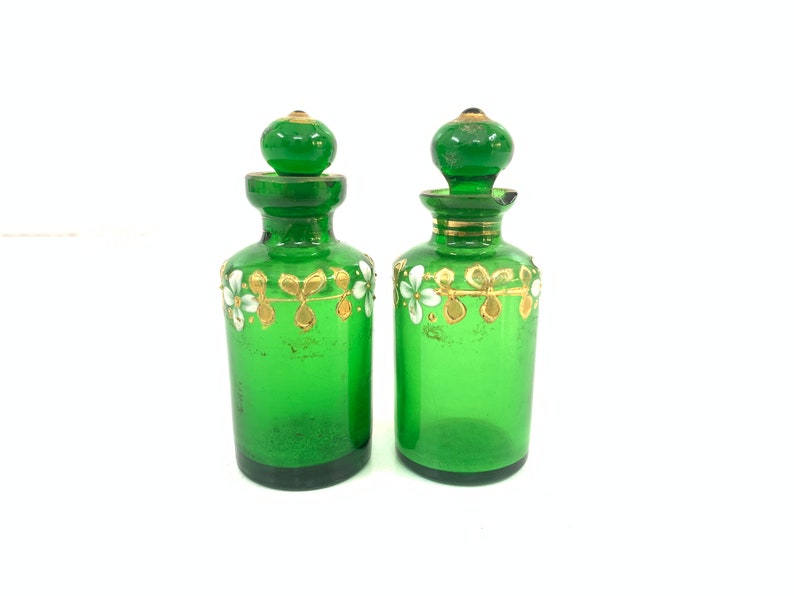 Vintage Green Glass Perfume Bottle With Enamel and Gold Work - Etsy