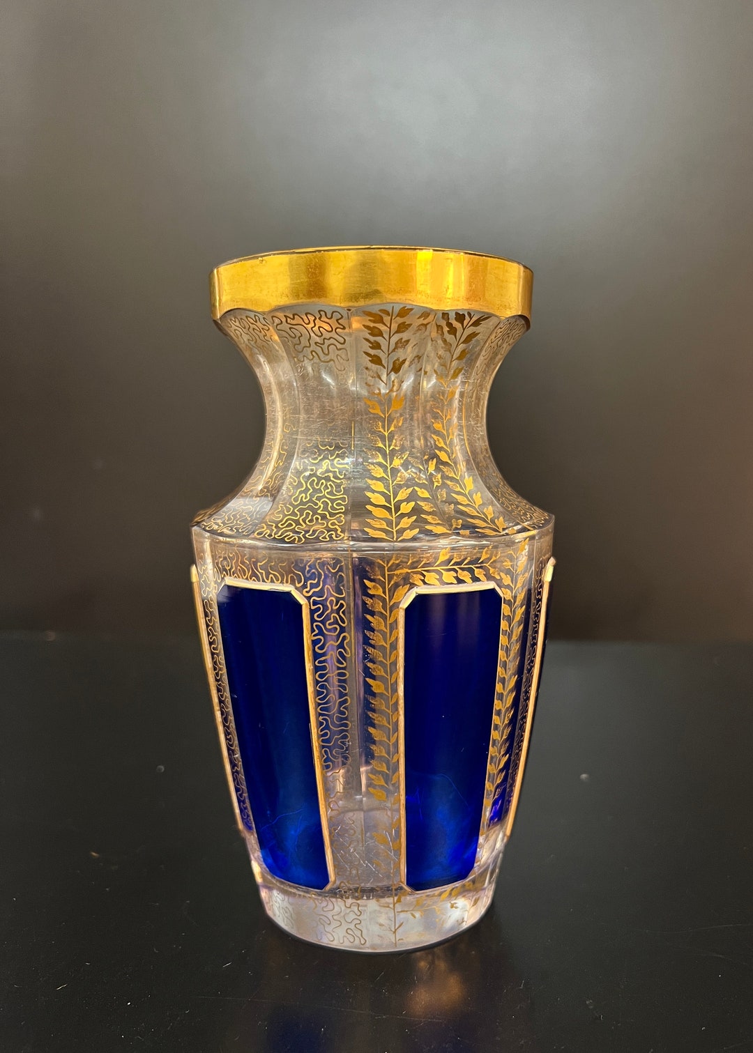 Vintage Bohemian Moser Vase in Clear Glass and Blue Panels With Gold ...