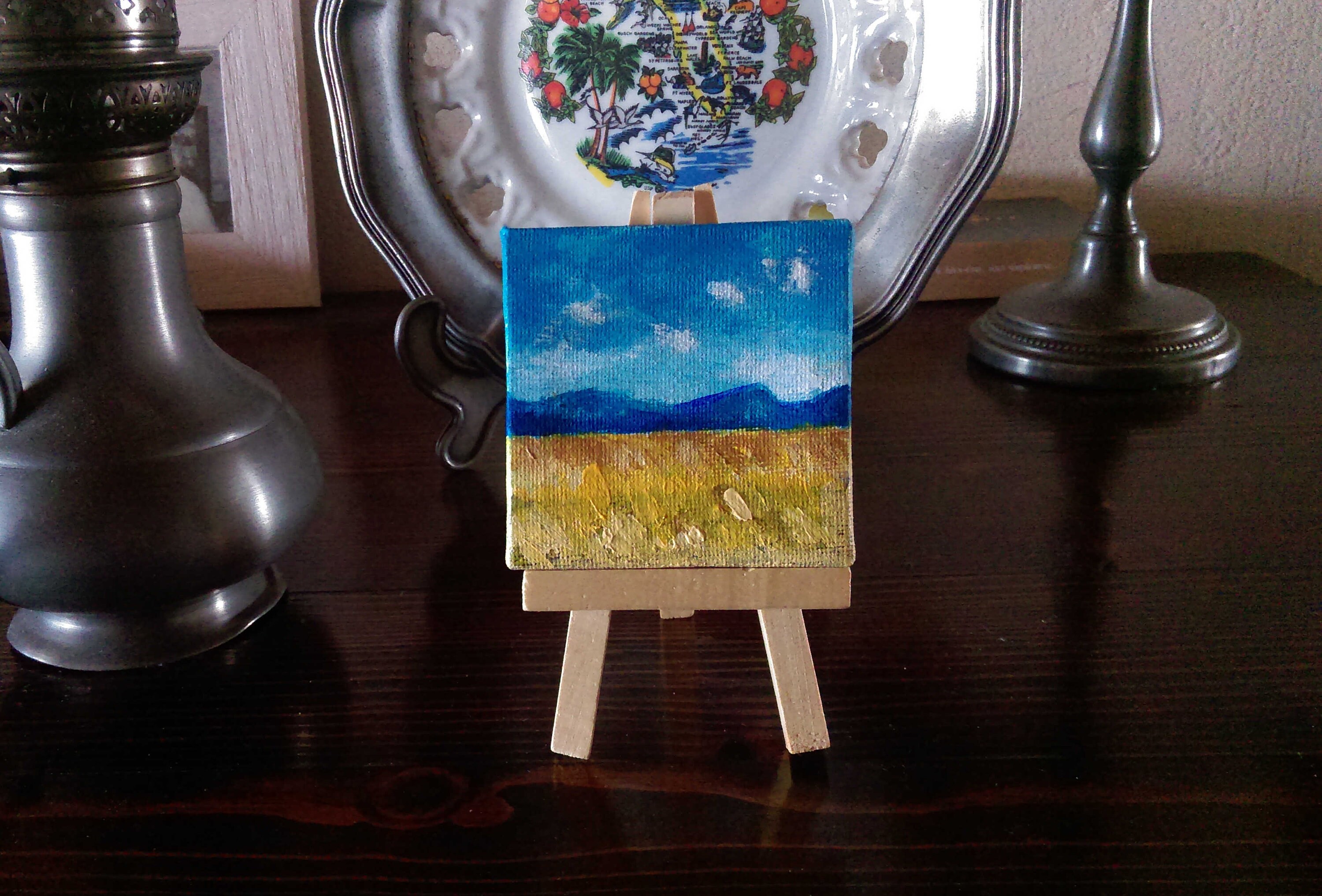 Mini Acrylic Painting on Canvas 7x7 Cm With Easel, Landscape, for ...