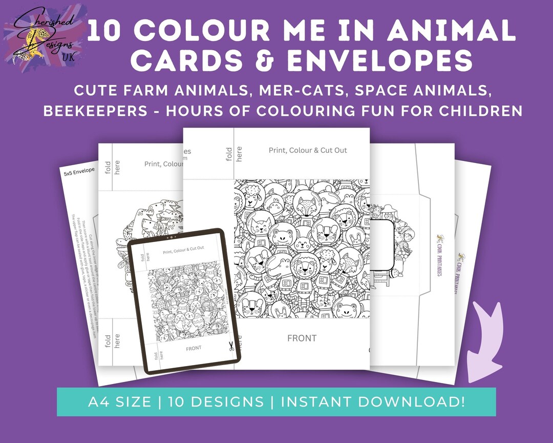Printable Animal Colouring Cards for Kids | Set of 10 With Envelopes ...
