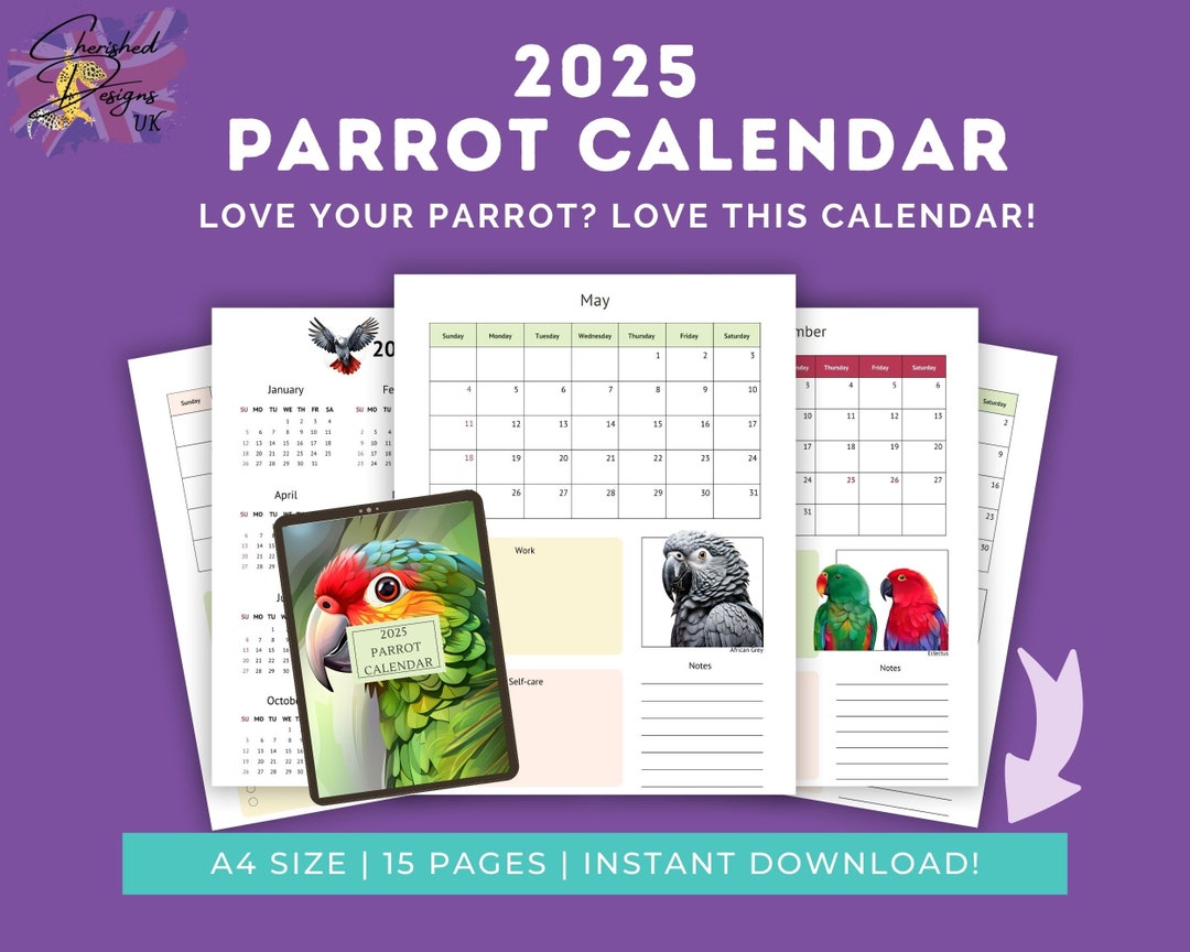 2025 Parrot Calendar PDF Download - Printable Bird Calendar - Tropical ...
