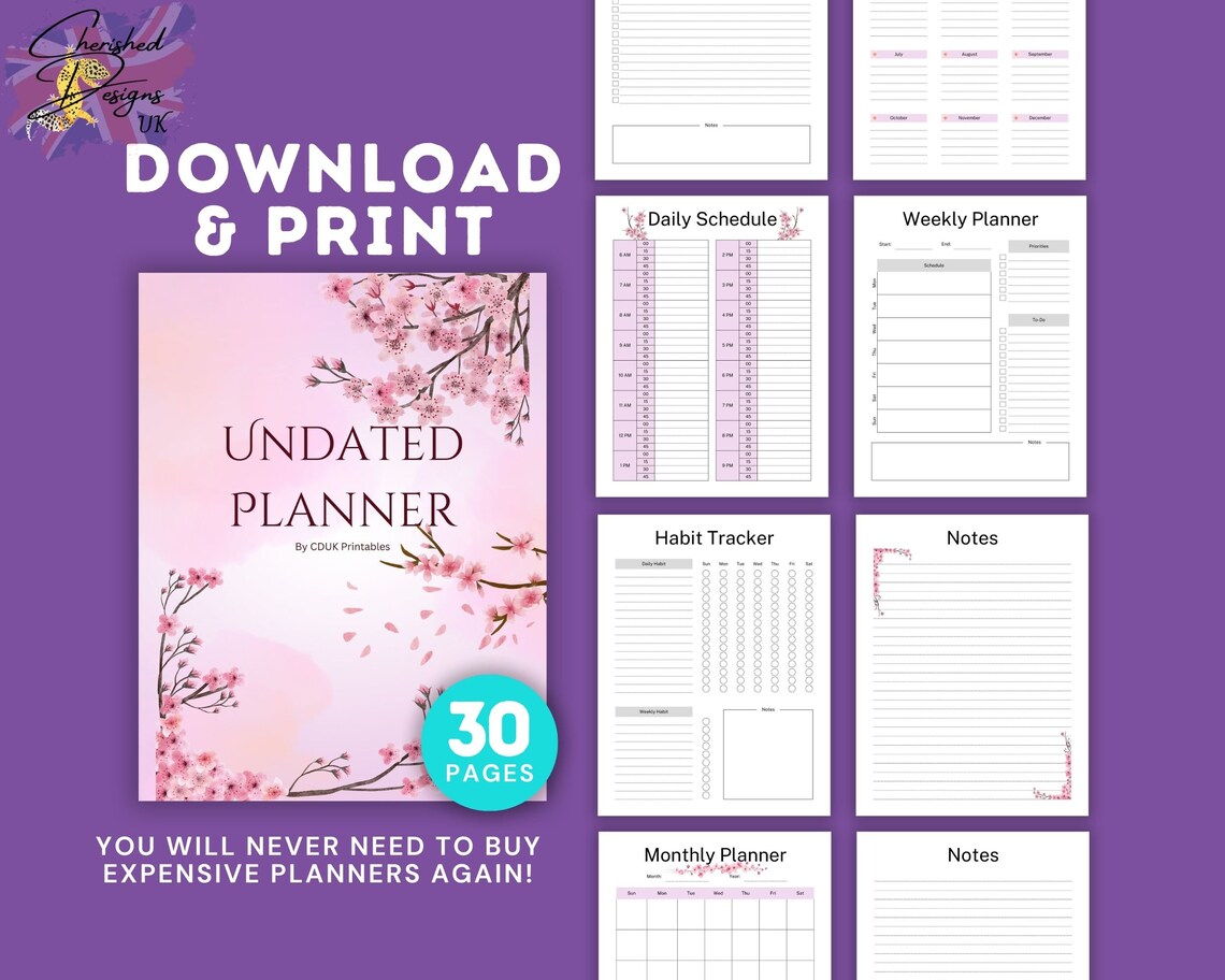 Cherry Blossom Undated Planner, Printable PDF, Calendar Schedules, to ...