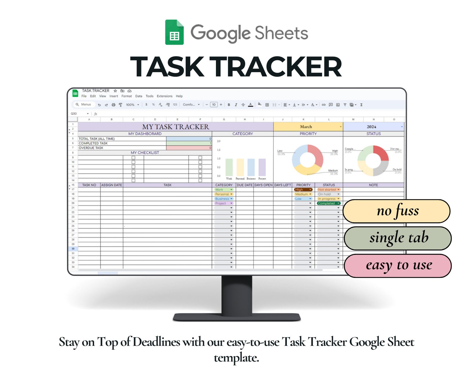 Task Tracking Spreadsheet Task Planner Digital to Do List Google Sheets ...