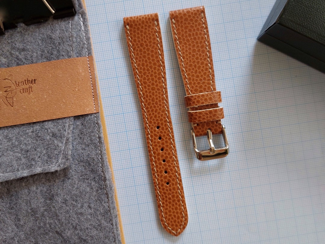 Tan, Calfskin, Caviar Textured, Leather Watch Strap, Gold Custom ...