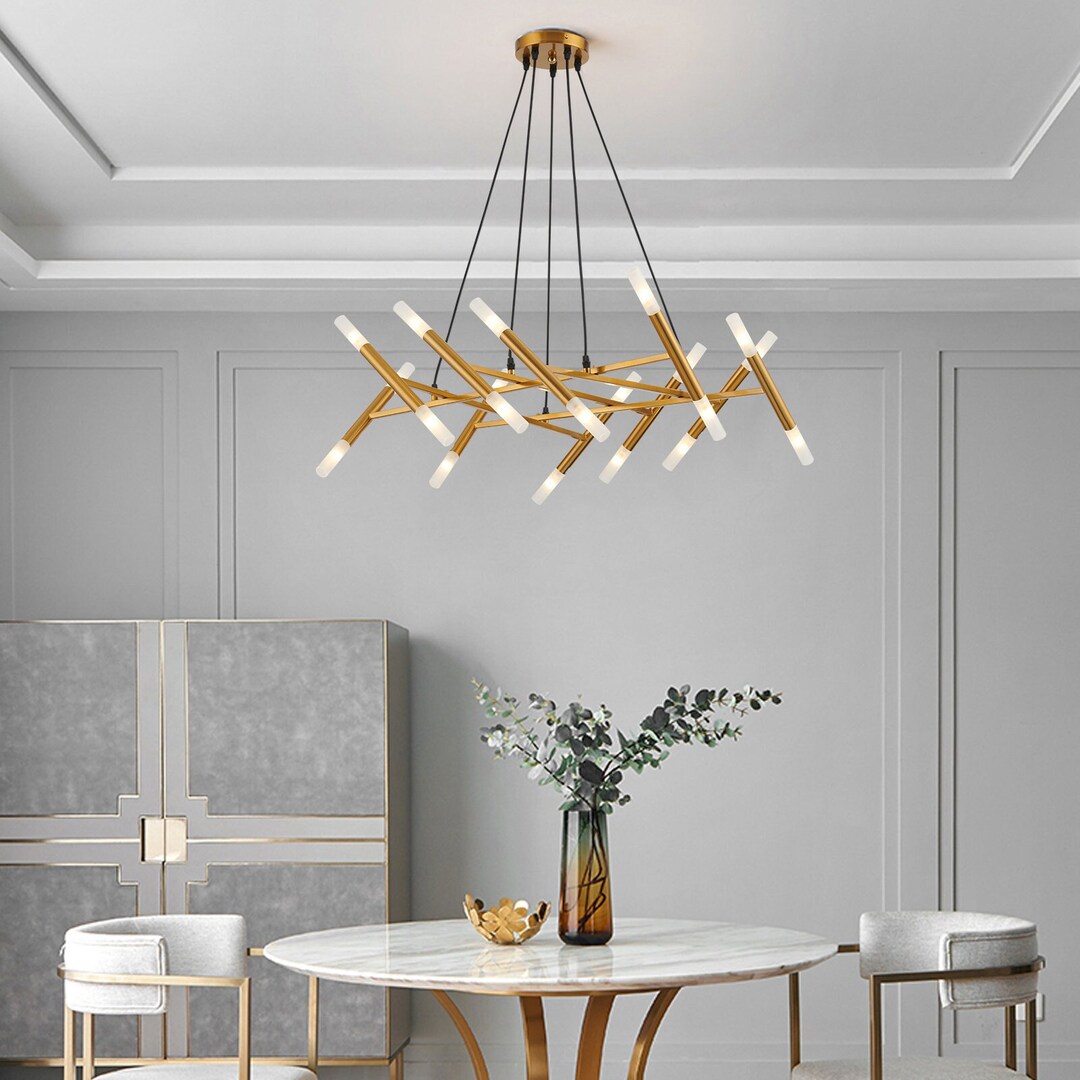 Modern Abstract Chandelier: Brass Finish, Cloudy Tube Shades, LED Bulbs ...