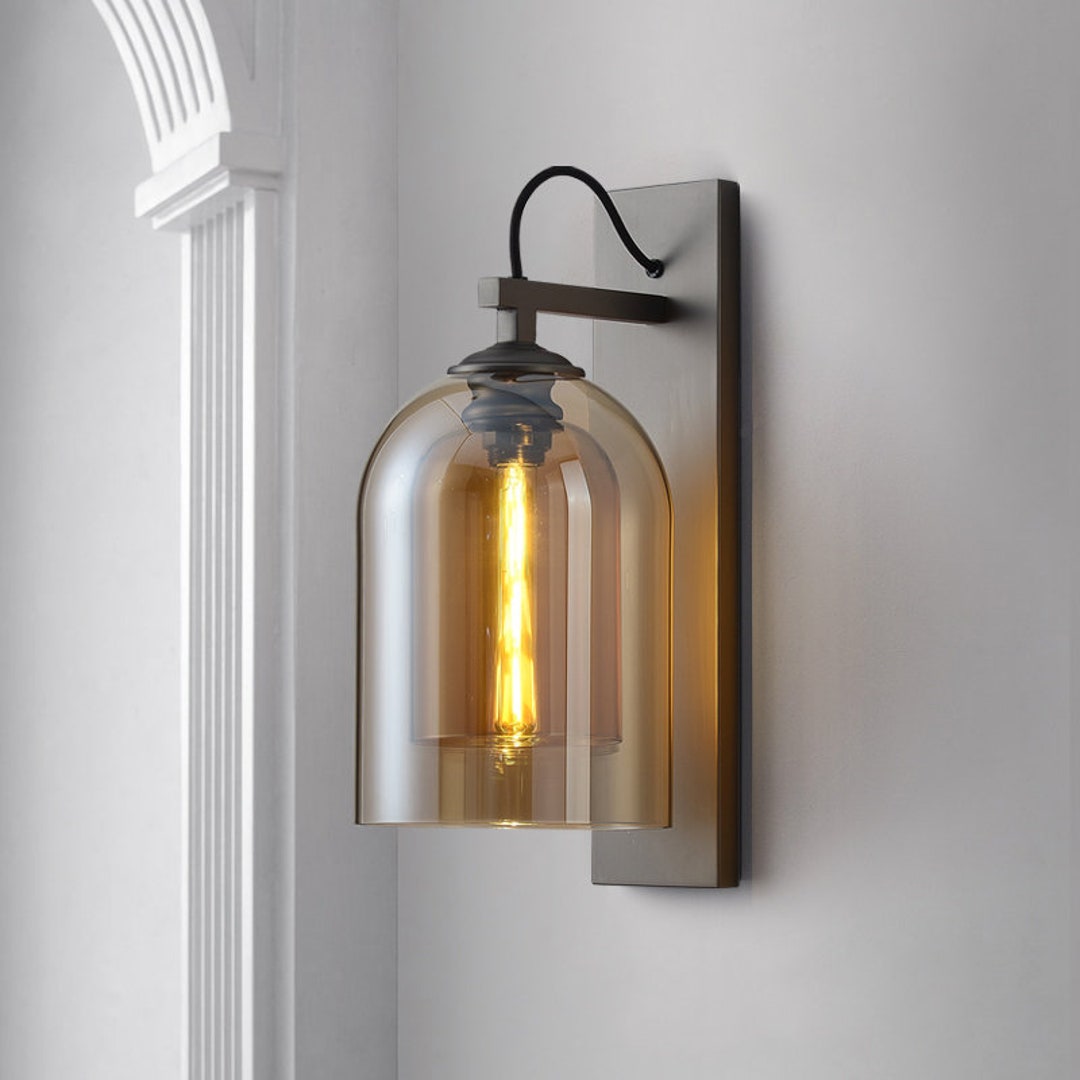 Modern Farmhouse Sconce: Bronze Backplate, Cognac Glass Shades - Etsy