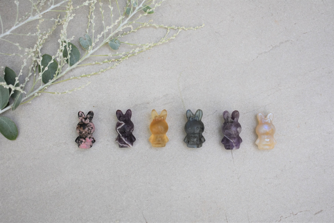 Miffy Bunny Crystal Carvings (small) in Rhodonite, Yellow Fluorite ...