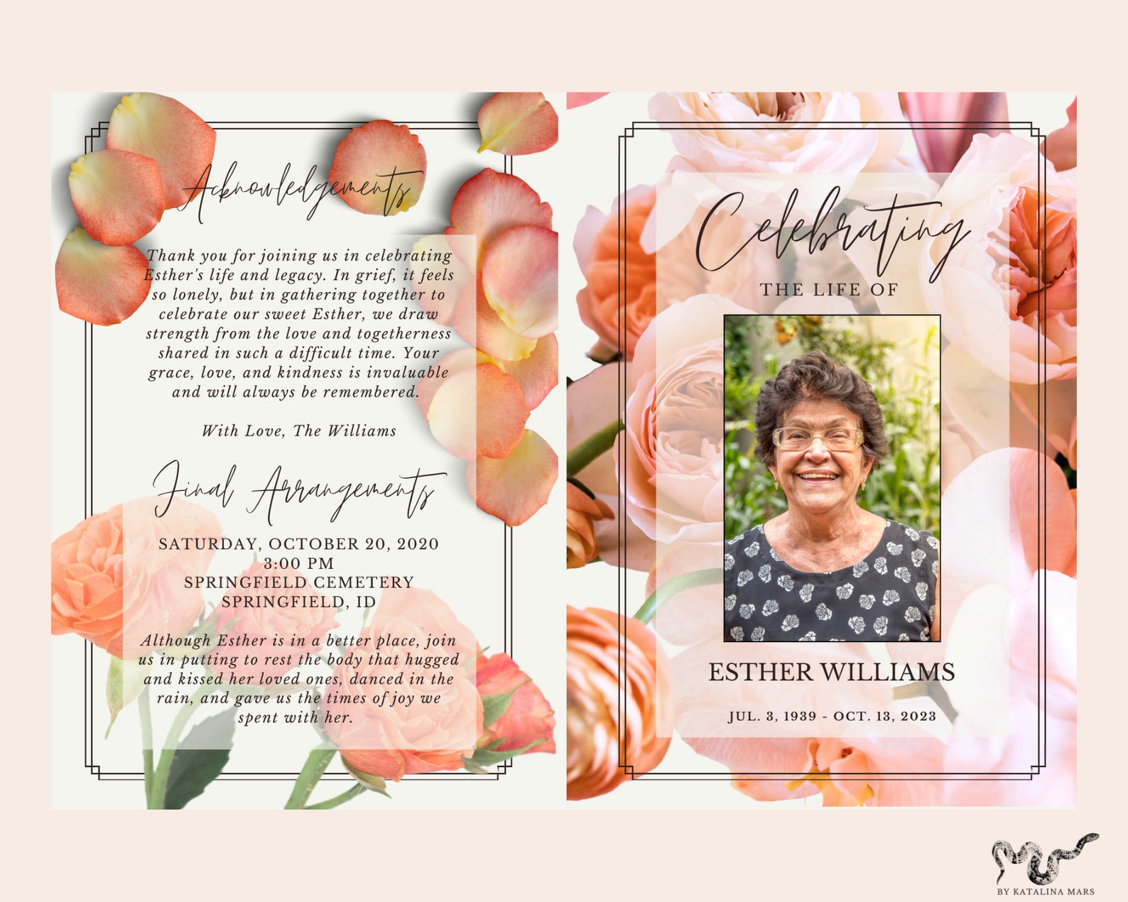 Editable Peach Rose Floral Obituary Template, Canva Obituary Template ...