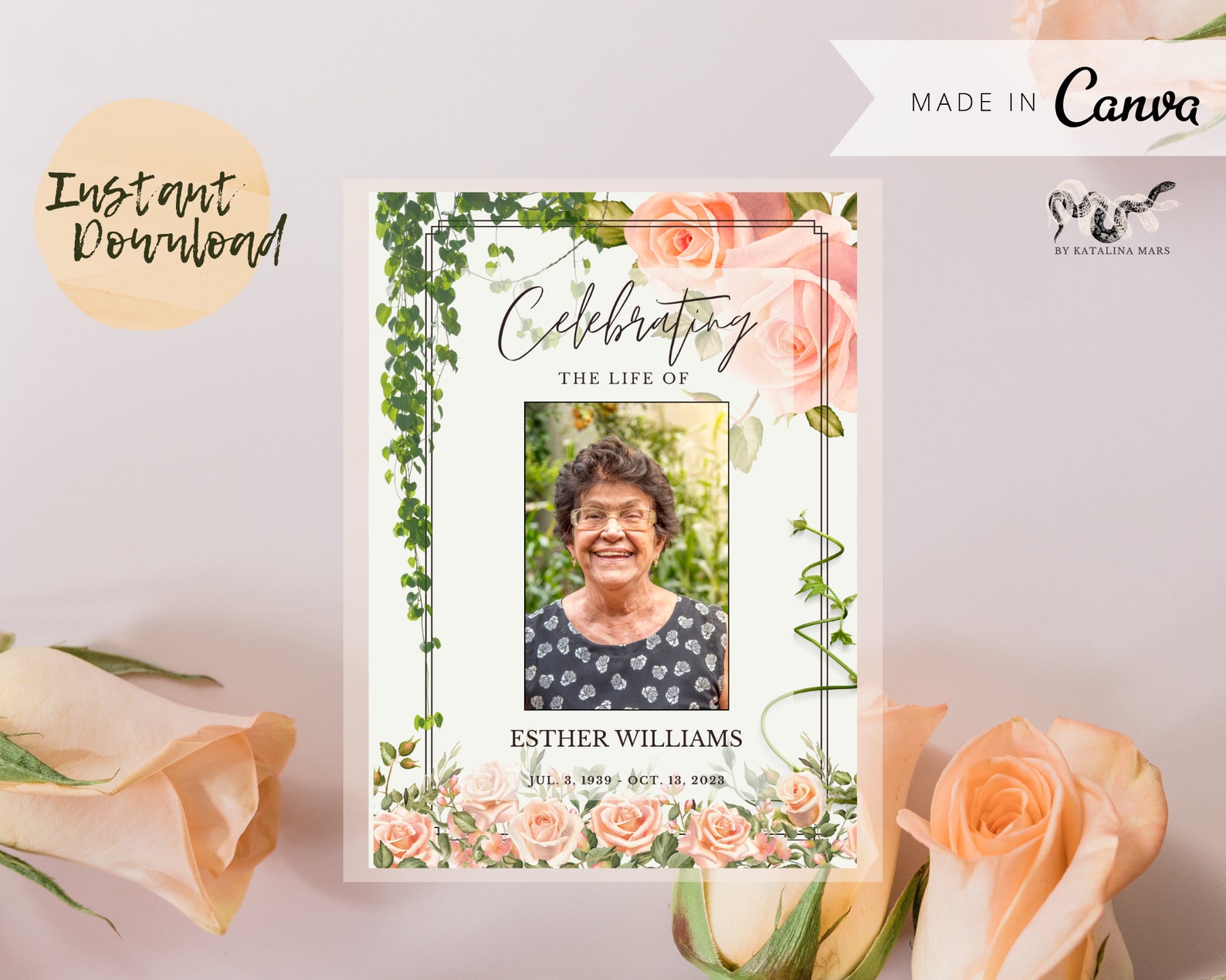 Editable Peach Rose Floral Obituary Template, Canva Obituary Template ...