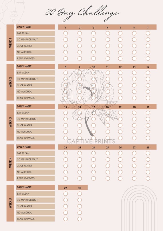 30 Day Challenge Tracker Printable Version - Etsy