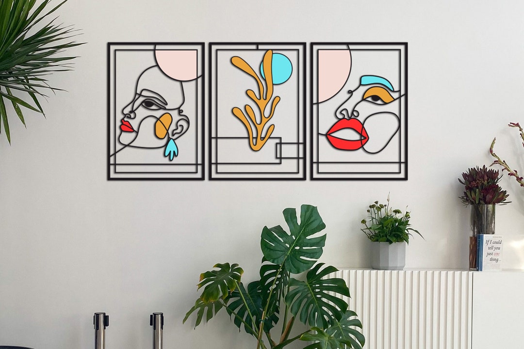 Faces Line Metal Wall Art, Colorful Metal Wall Decor, Minimalist Line ...
