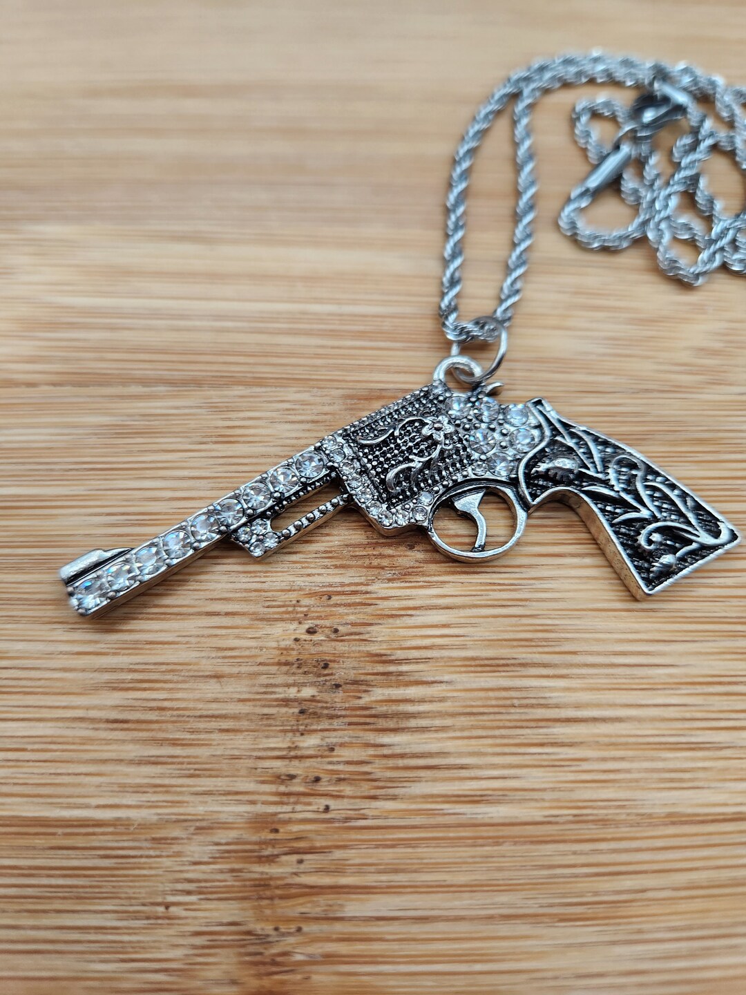 Rhinestone Revolver Pendant Necklace: Silver Stainless Steel Chain - Etsy