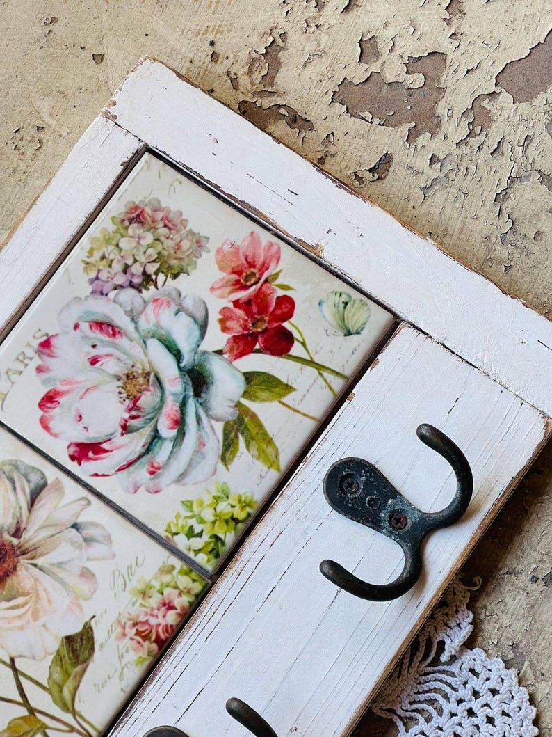 French White Wood and Floral Ceramic Tile Wall Hanger - Etsy