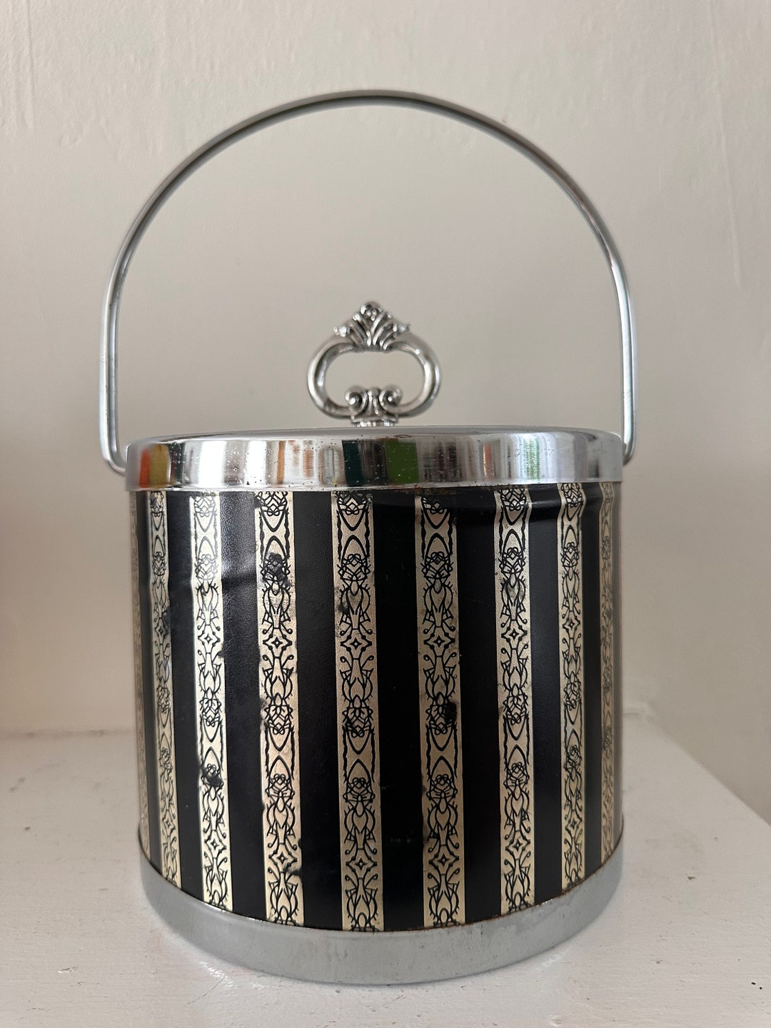 Vintage Silver Metal and Black Stripe Ice Bucket Fancy Detail - Etsy