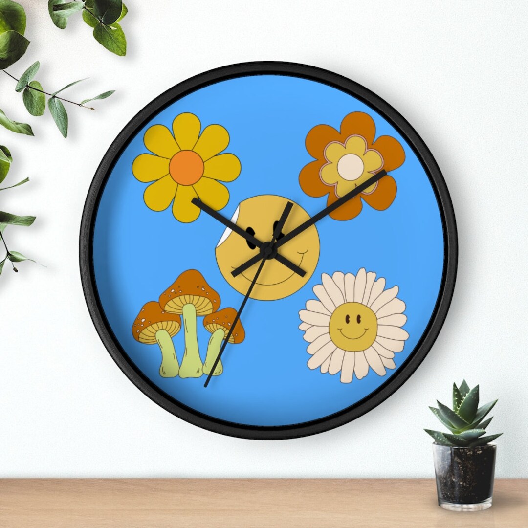Mushroom Happy Face Wall Clock, Boho Chic Wall Clock, Retro Wall Clock ...