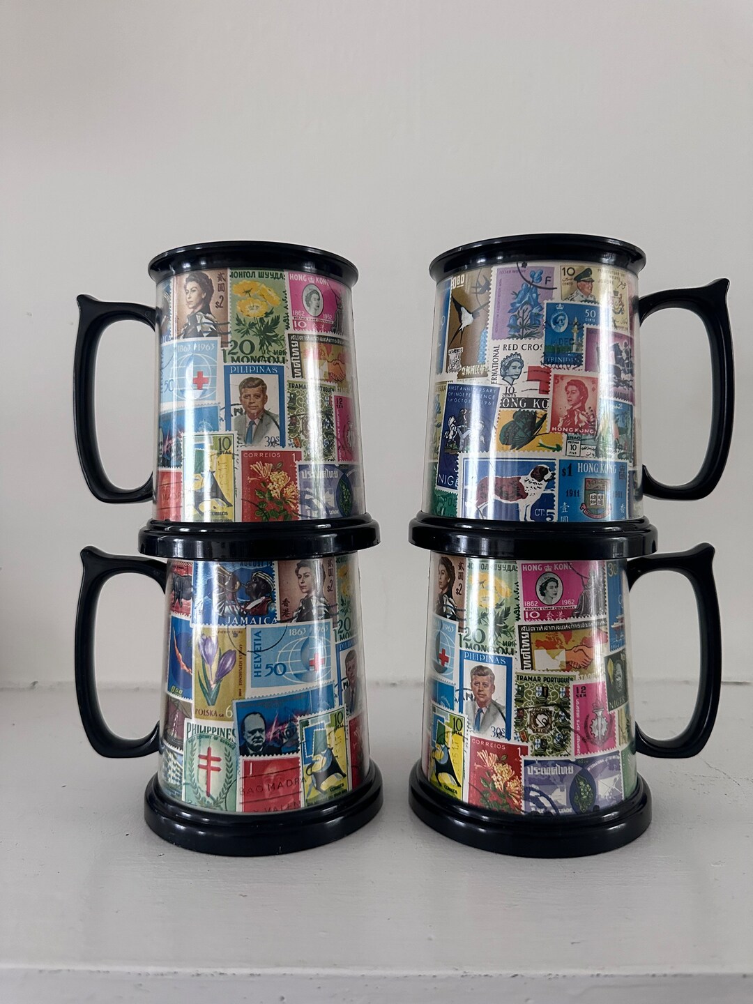 Vintage Plastic Cups With Retro Stamps Set of 4, Thermo Serve, Black ...