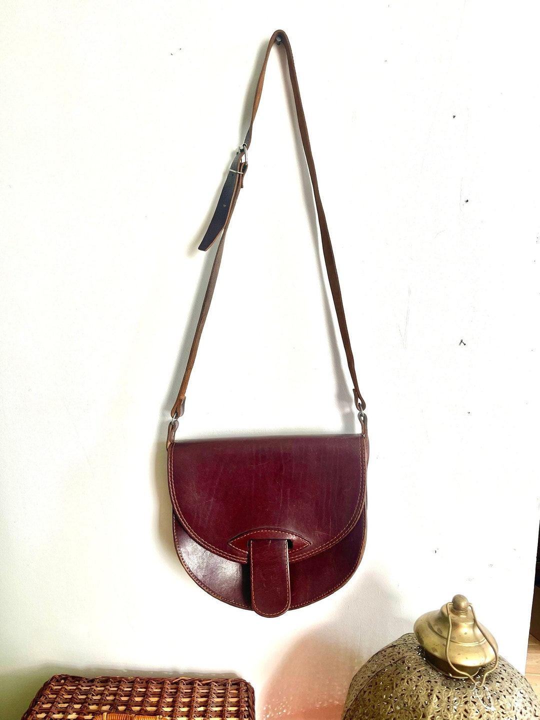 Vintage Leather Saddle Bag, Over the Shouldd Brown Leather Satchel, 70 ...