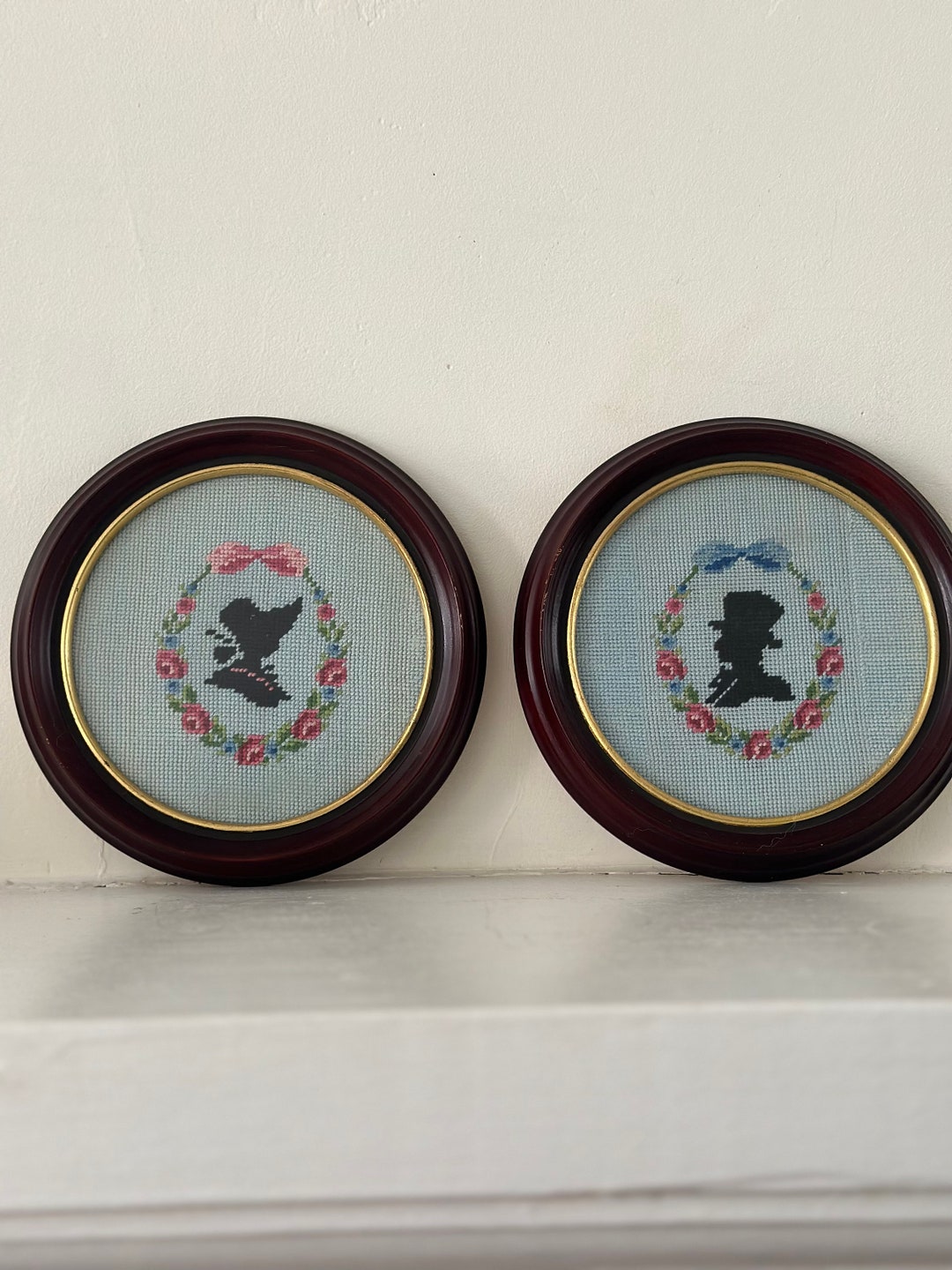 Victorian Style Needlework Portraits Set of 2 Round Framed Art Man and ...