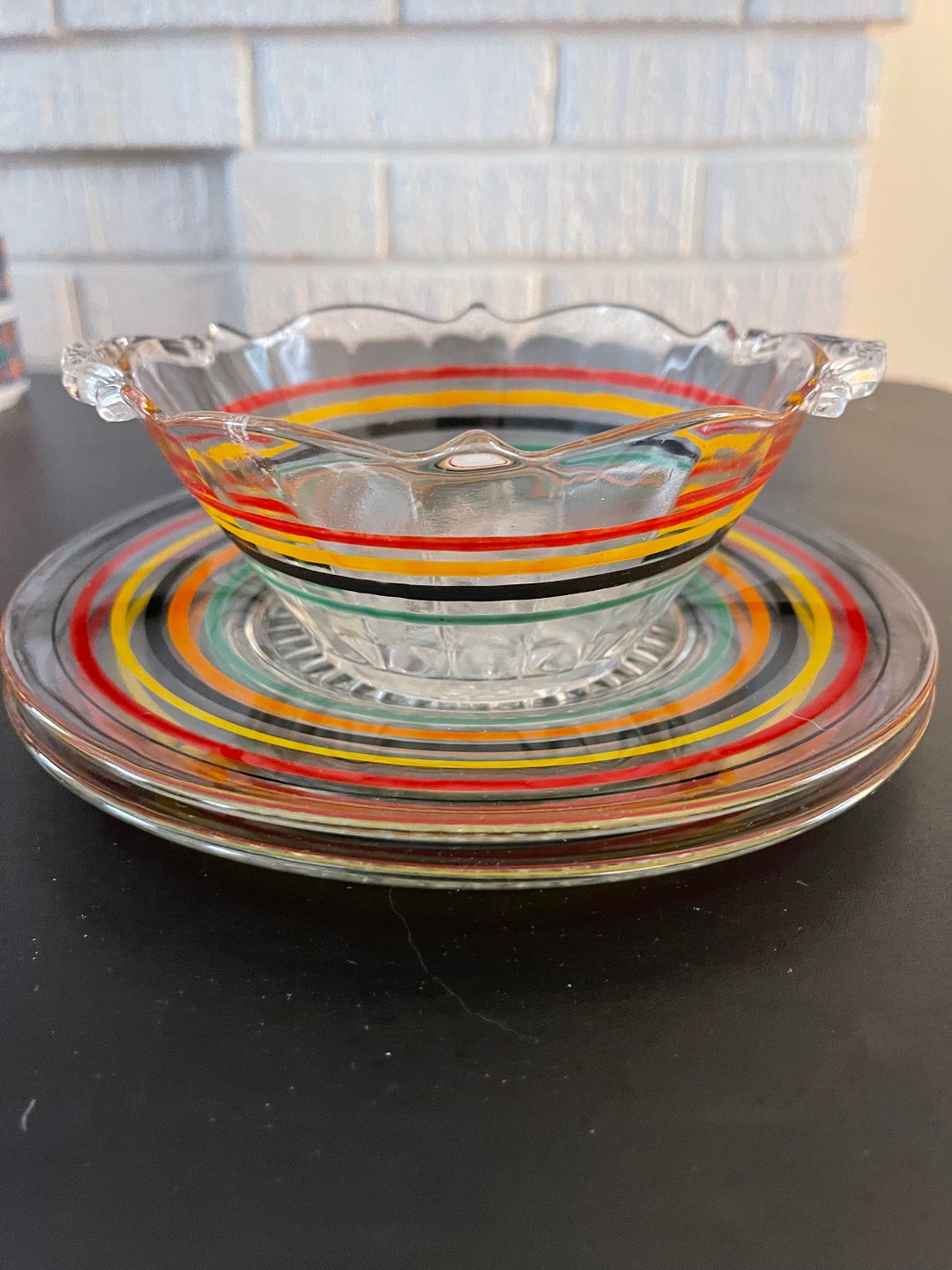 Vintage Anchor Hocking Striped Glass Plate and Bowl, 70's Glassware ...
