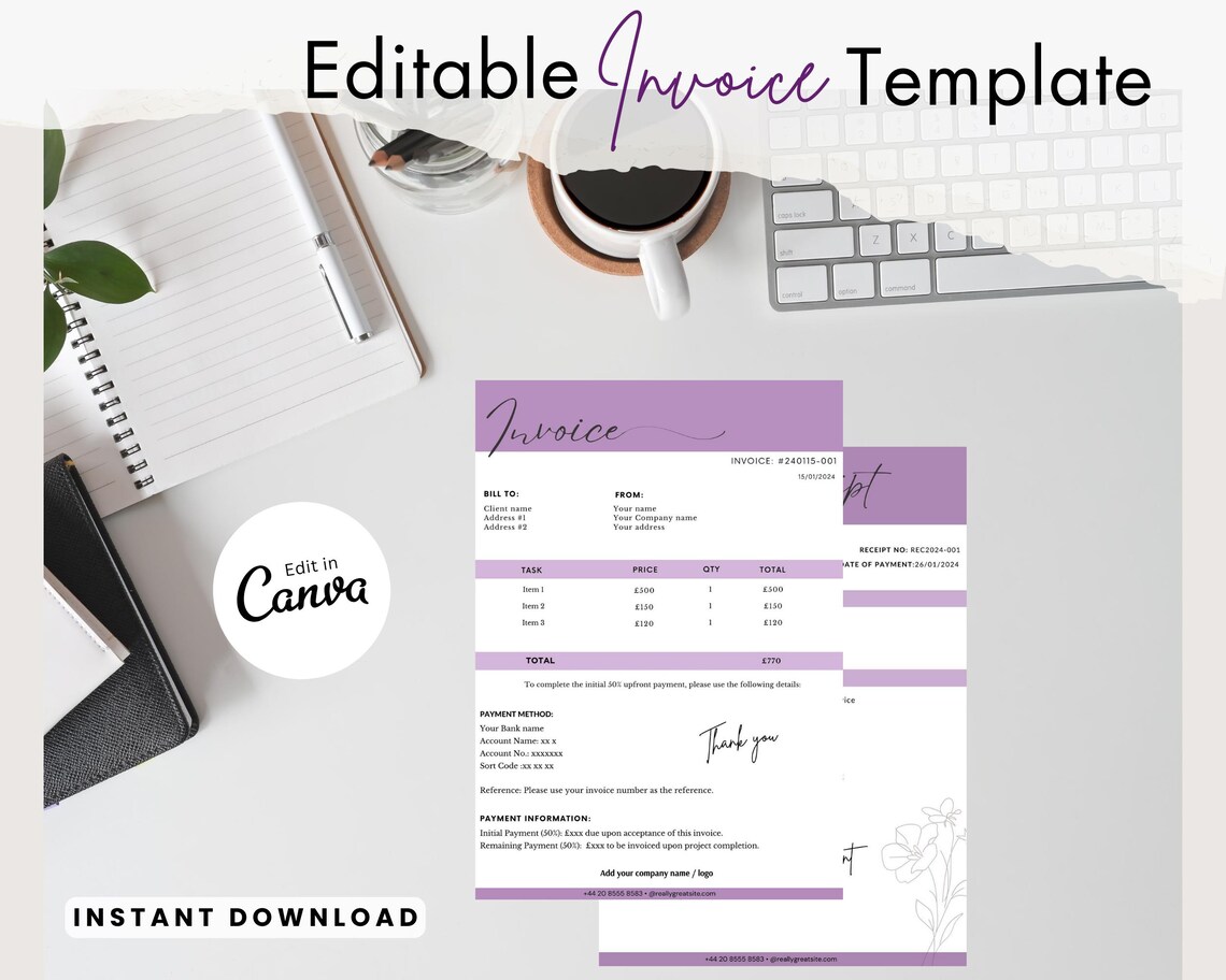 Editable Invoice Template & Payment Receipt Template A4 Size Canva ...