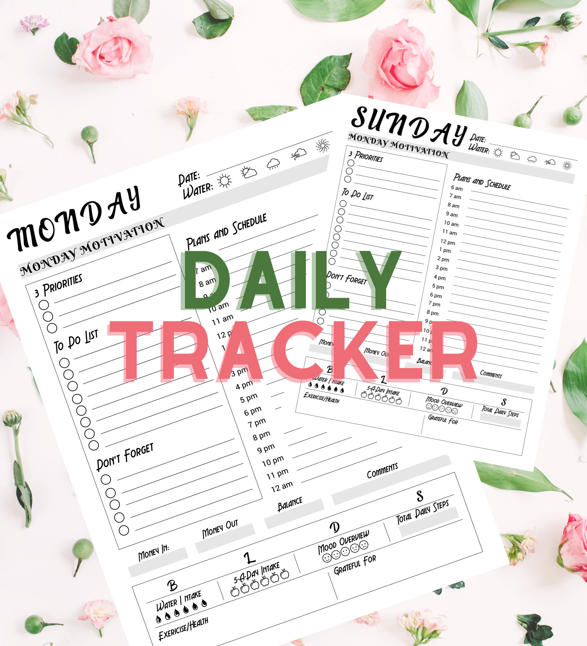 Daily Tracker - Planner - Week Day Journal - Water Intake - Mood ...