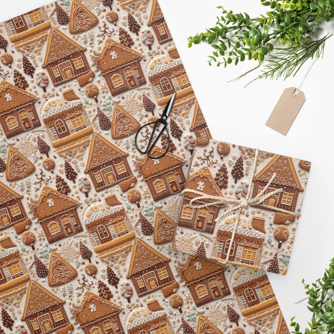 Christmas Gingerbread House Faux Embroidery Wrapping Paper. Christmas ...