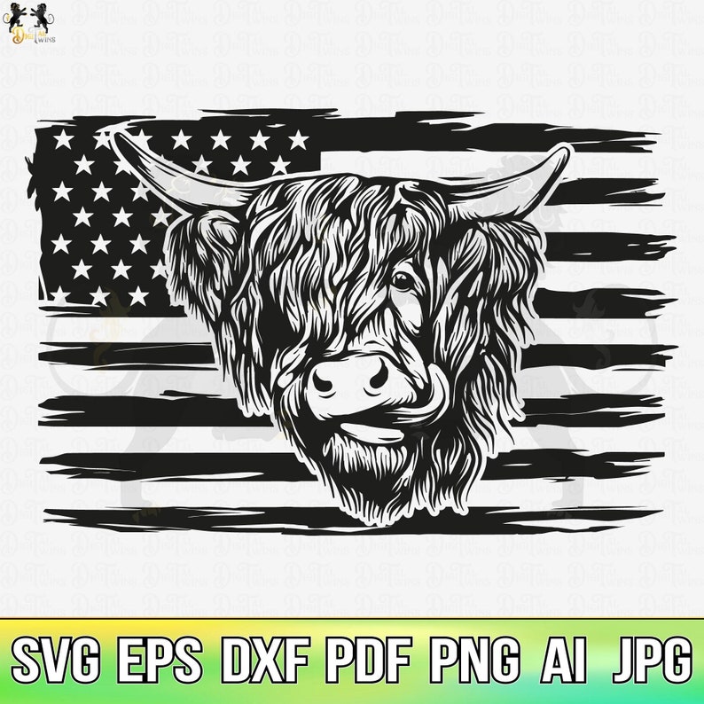 Highland Cow With USA Flag Svg, Cow Svg, Cow Head Svg, Cow Clipart, Cow ...
