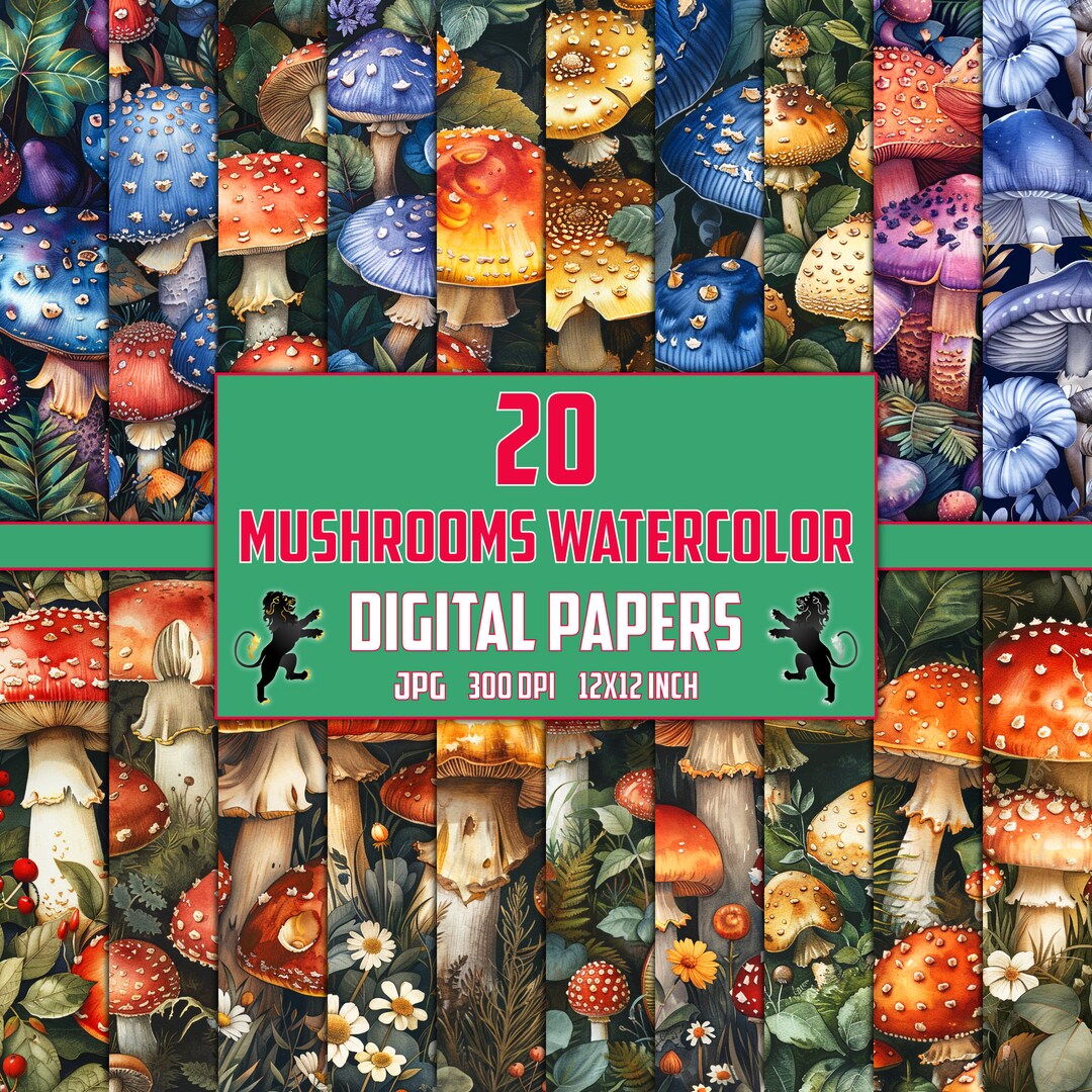 Watercolor Mushroom Digital Paper, Mushroom Seamless Patterns, Mushroom ...