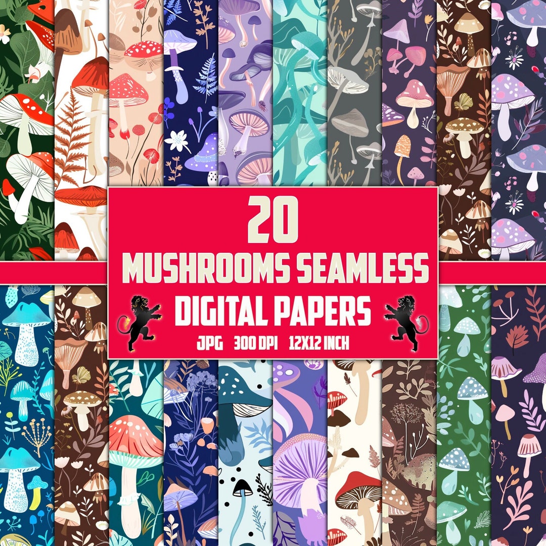 Mushroom Digital Paper, Mushroom Seamless Patterns, Mushroom Scrapbook ...