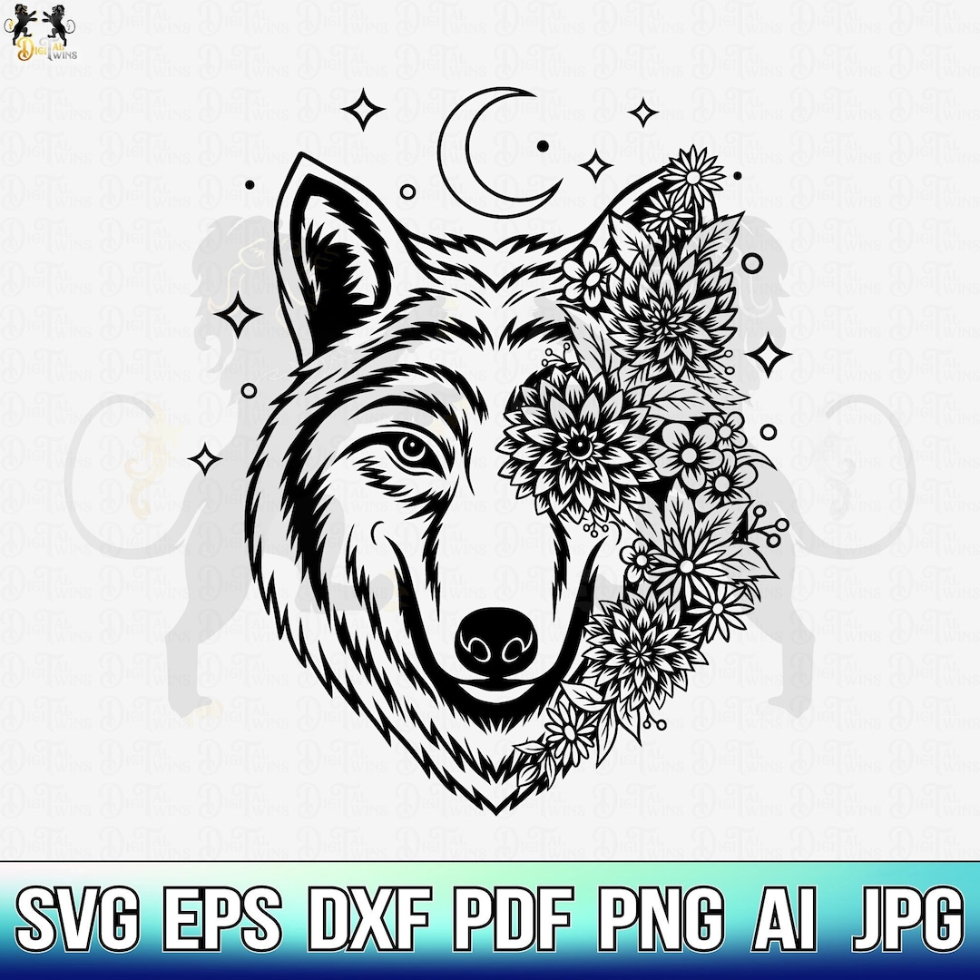 Wolf With Flowers Svg, Wolf Svg, Wolf Flower Svg, Wolf Head Svg, Wolf ...