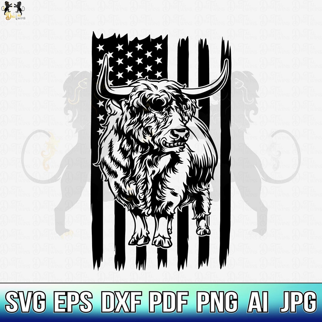 Highland Cow With USA Flag Svg, Cow Svg, Cow Head Svg, Cow Clipart, Cow ...