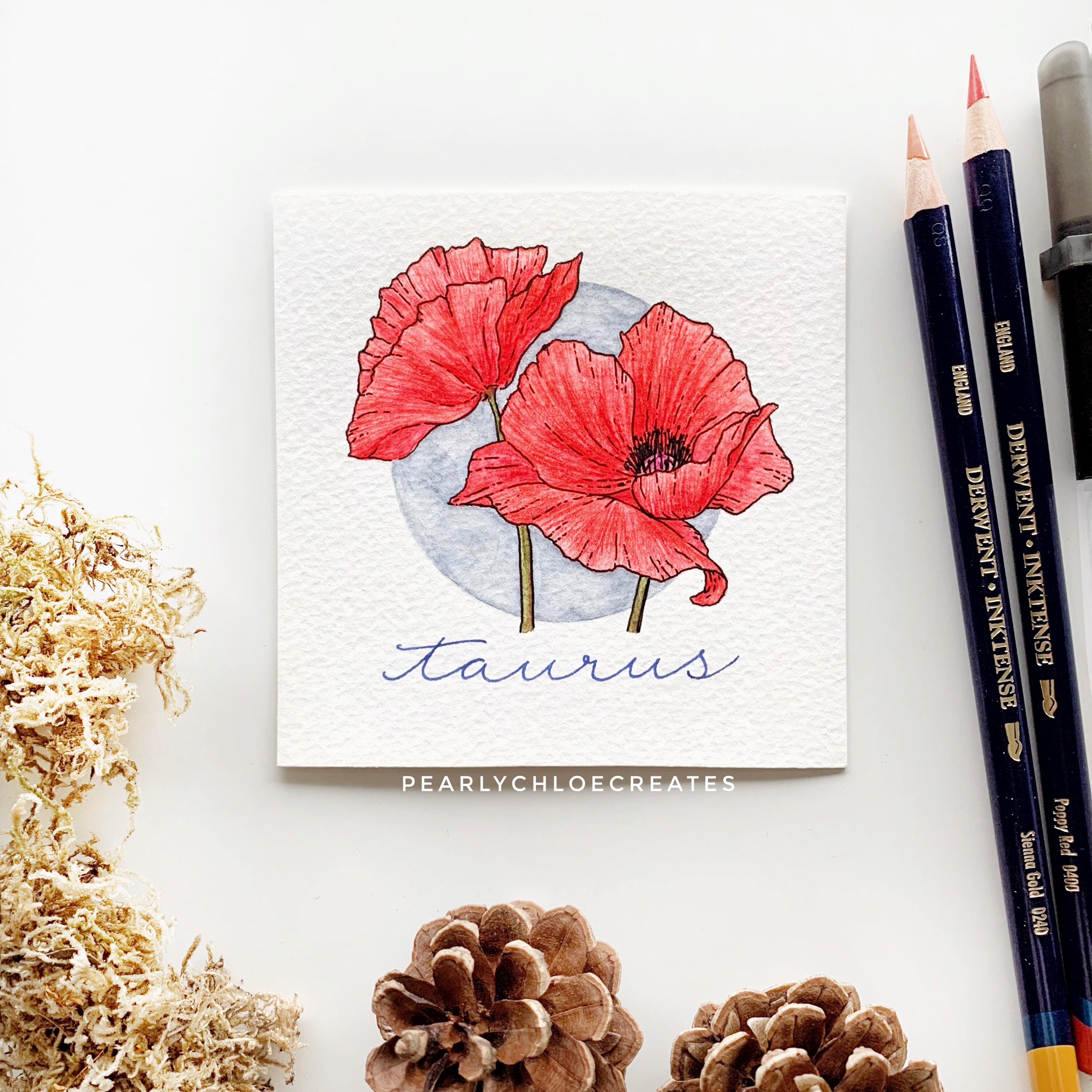 Handmade Original Zodiac Flower Drawing, Taurus, Poppy Flower, Original ...