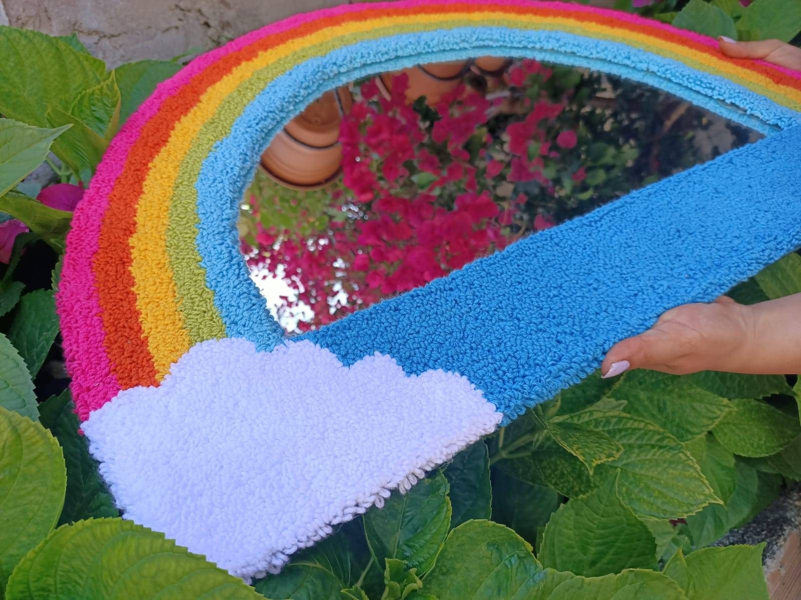 Large Rainbow Tufted Rug Mirror Wavy Punch Needle Mirror - Etsy