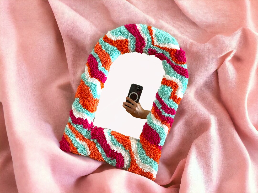Mint and Orange Tufted Arch Mirror, Wavy Punch Needle Rug Mirror ...
