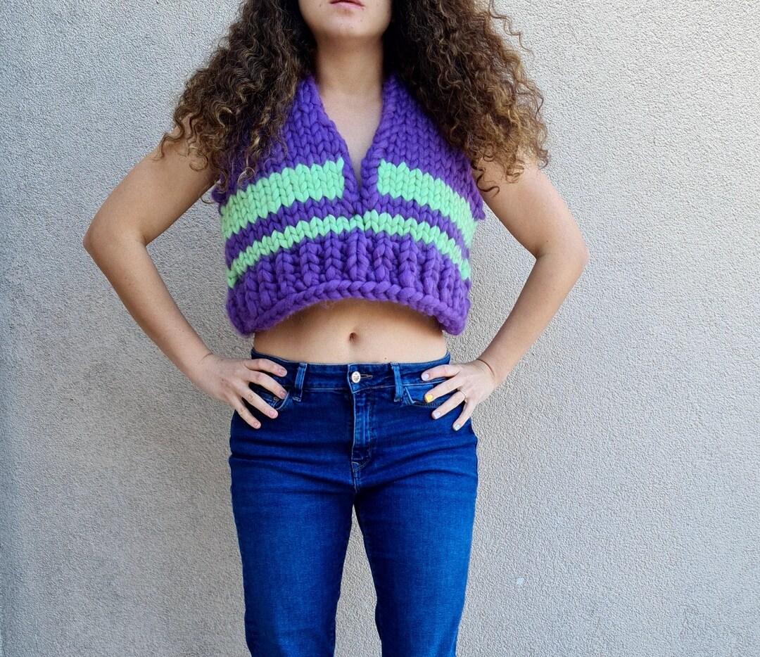 Giant Knit Vest Merino Wool, Purple Merino Handknit Y2K Vest, Giant ...