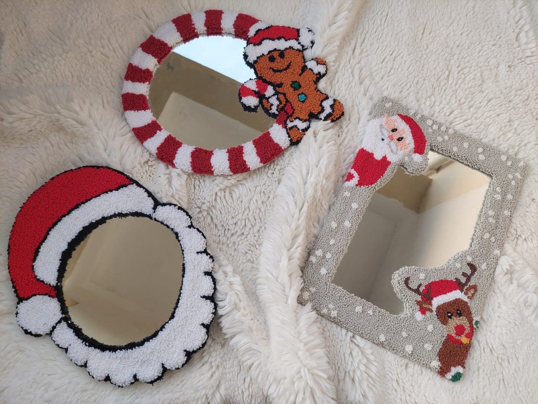 Tufted Christmas Mirror, Punch Needle Christmas Mirror, Santa Shaped ...
