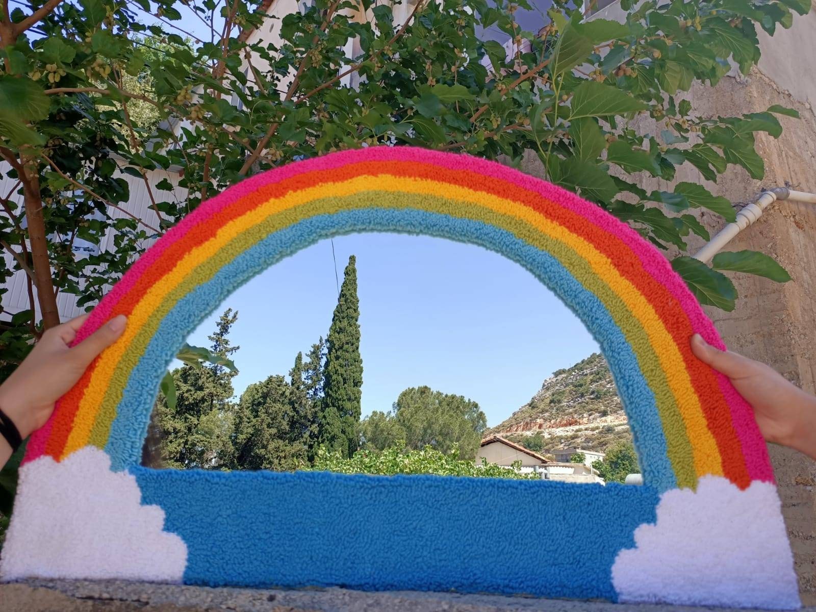 Large Rainbow Tufted Rug Mirror Wavy Punch Needle Mirror - Etsy